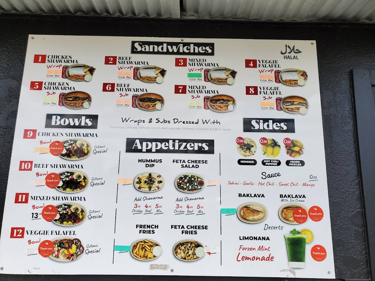 Menu at Sultan's Shawarma Shack restaurant, Gretna