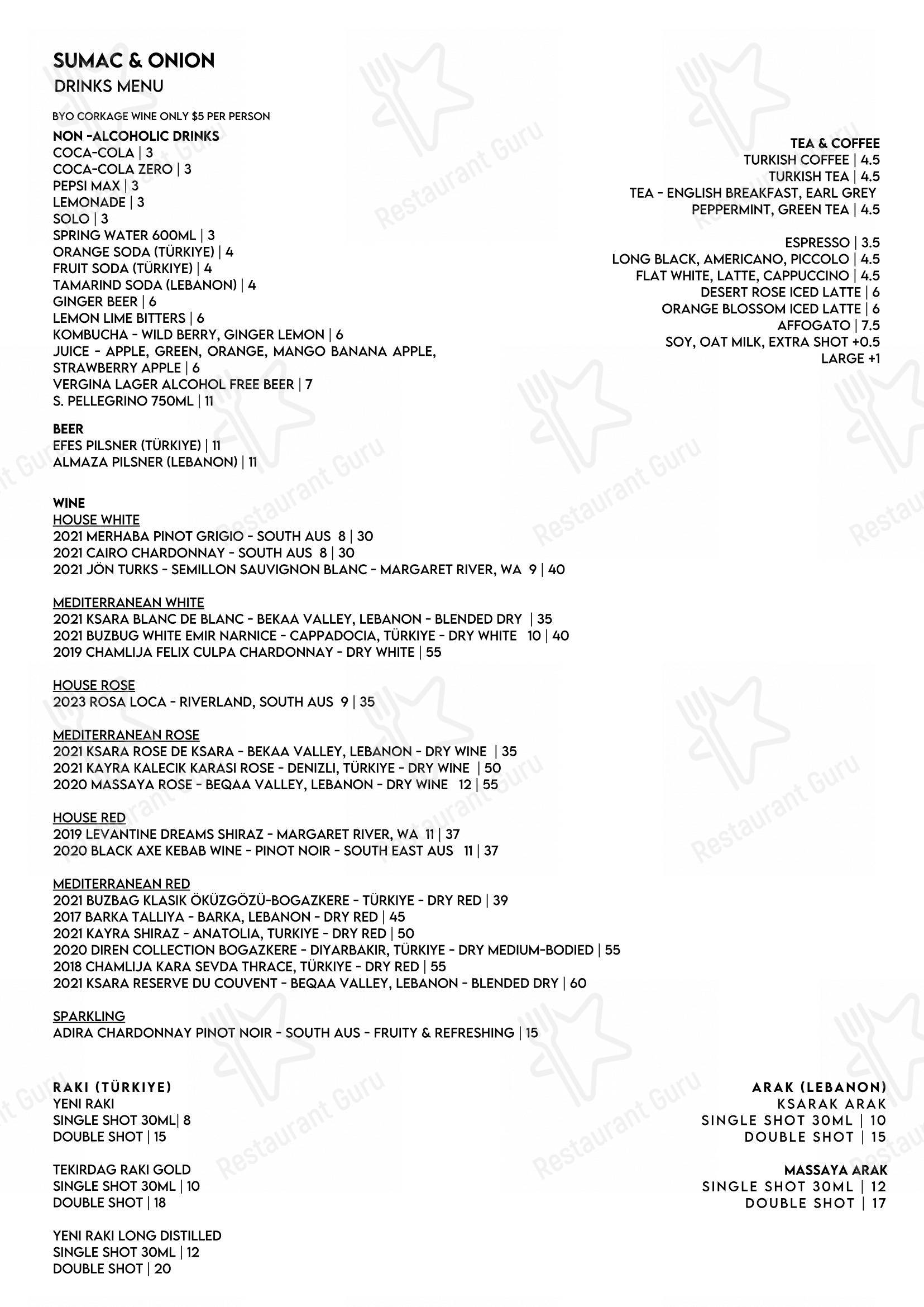 Menu at Sumac & Onion restaurant, Redfern