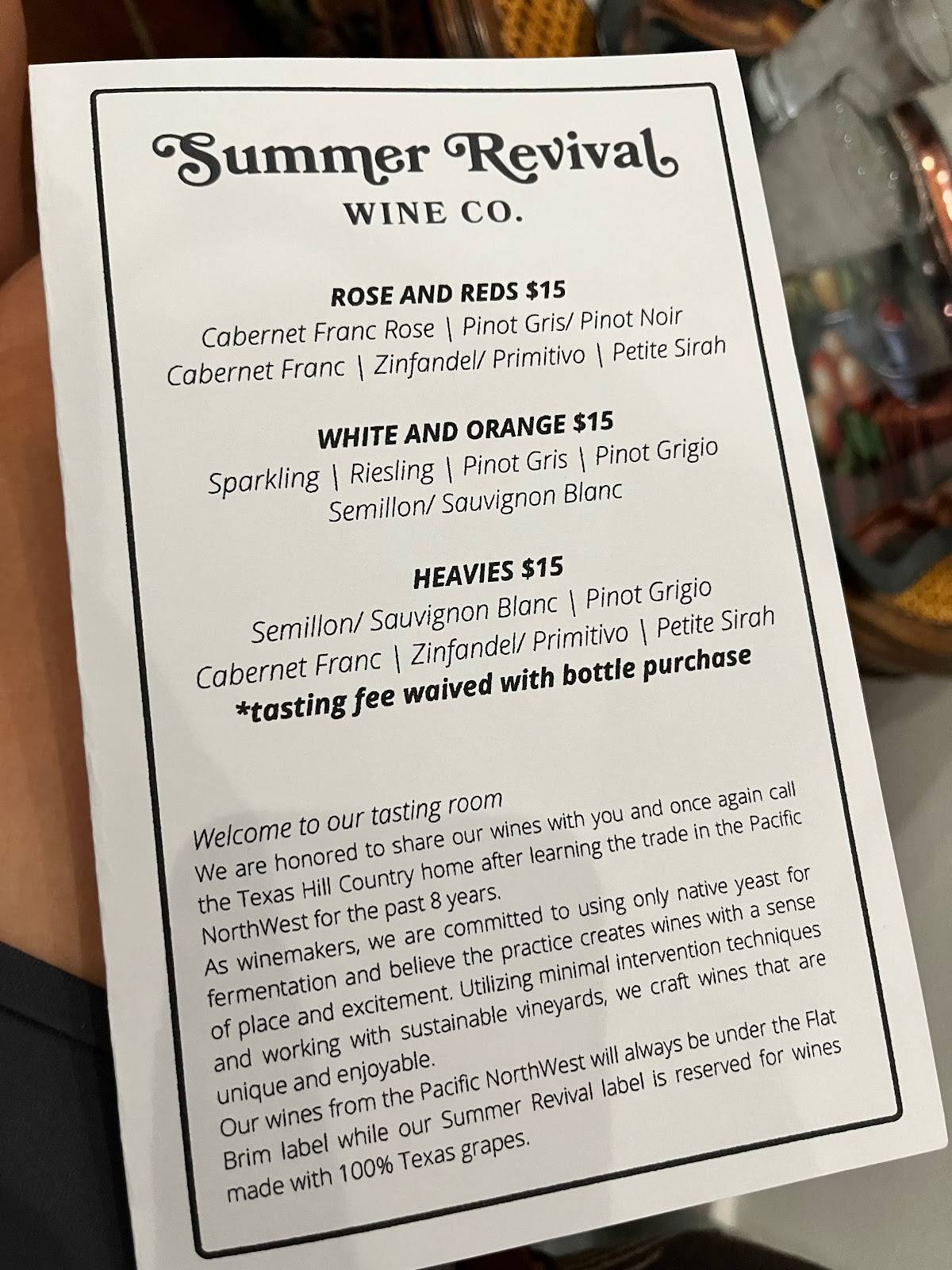Menu at Summer Revival restaurant, Dripping Springs