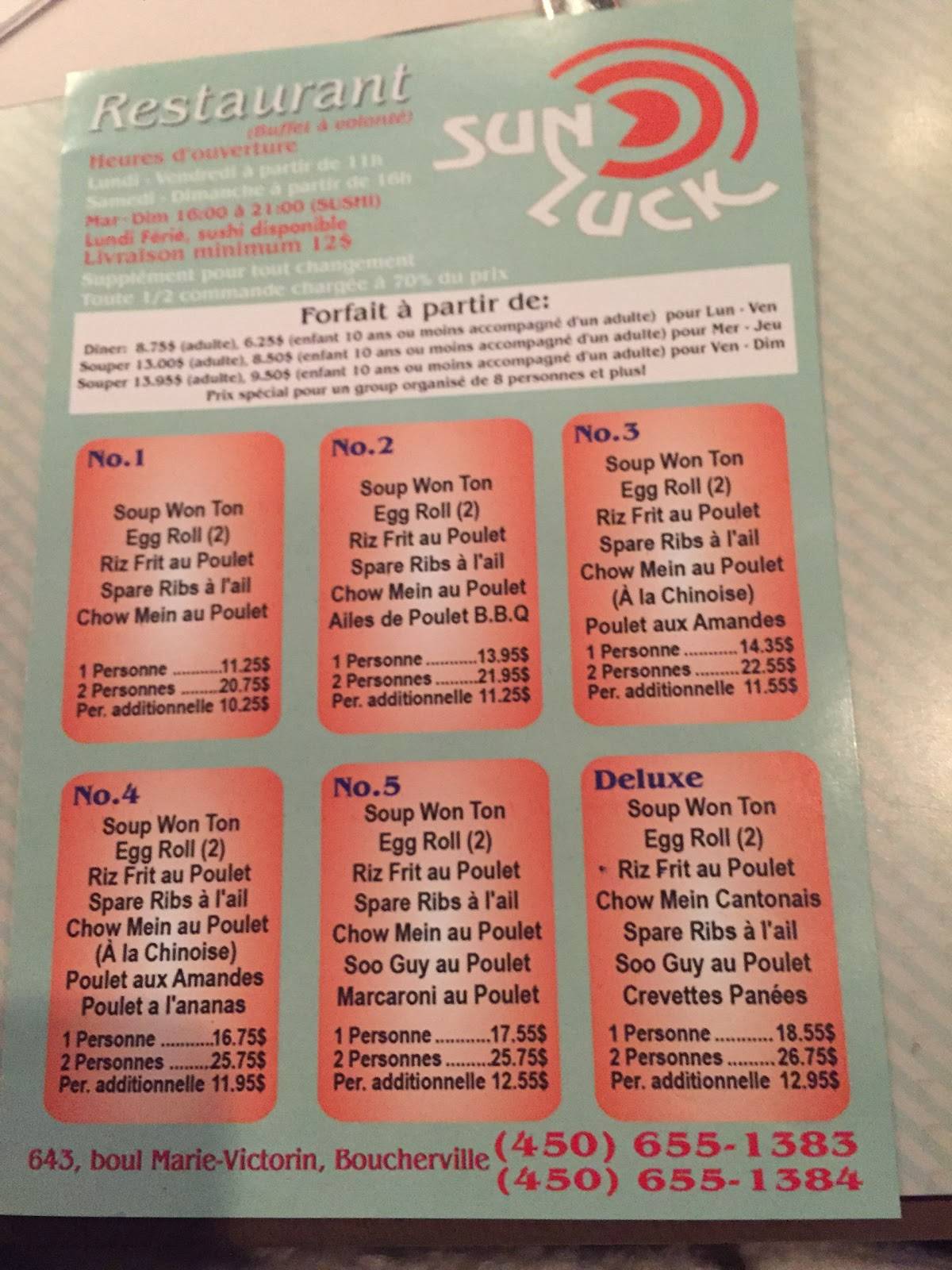 Menu au Sun Luck Chinese Food restaurant, Boucherville