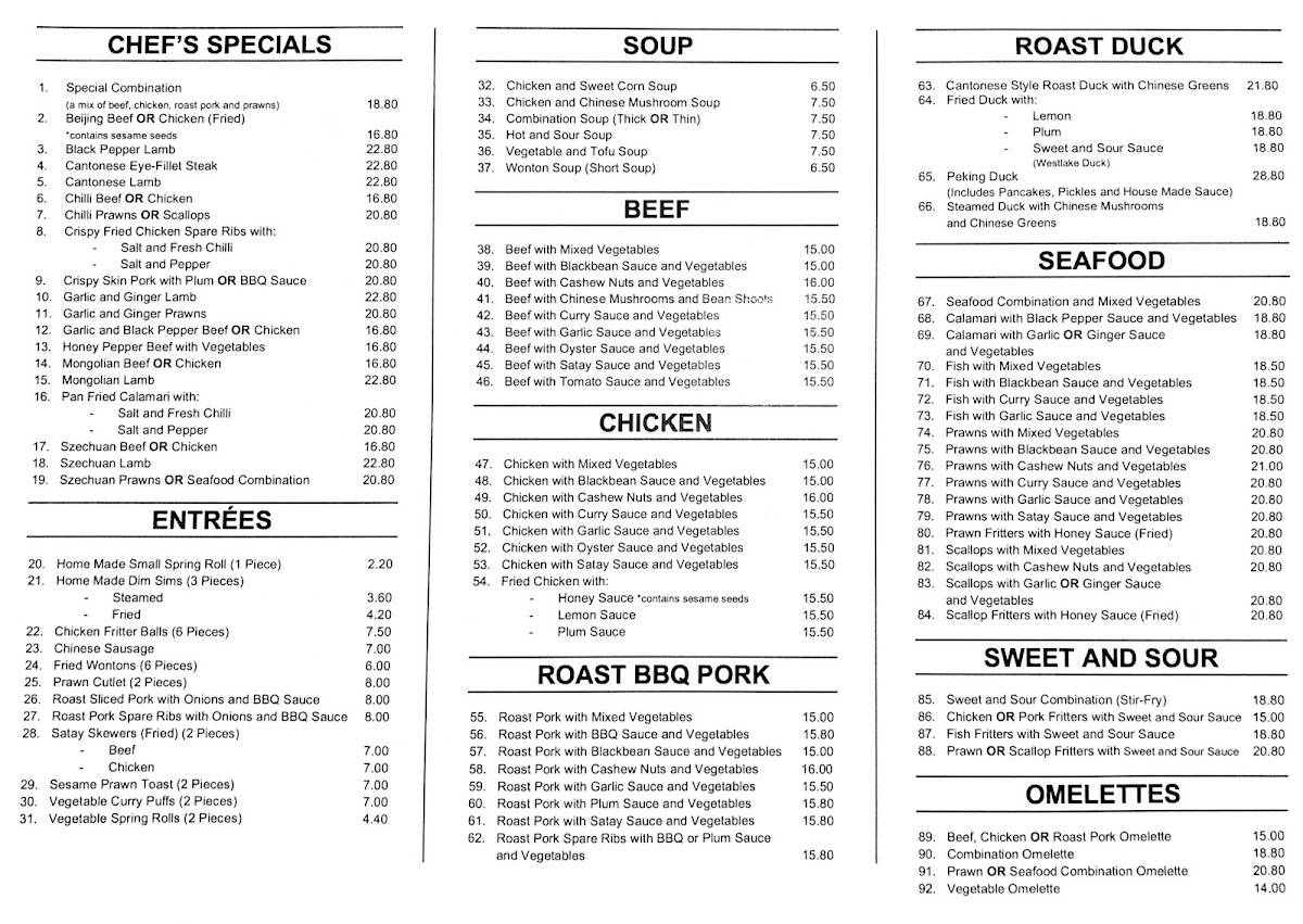 Menu at Sun & Mei Chinese and Thai Restaurant, Mornington