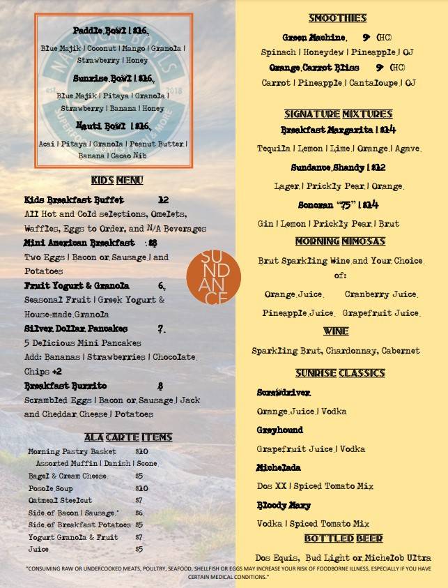 Menu at Sundance Cafe at El Conquistador Resort, Tucson