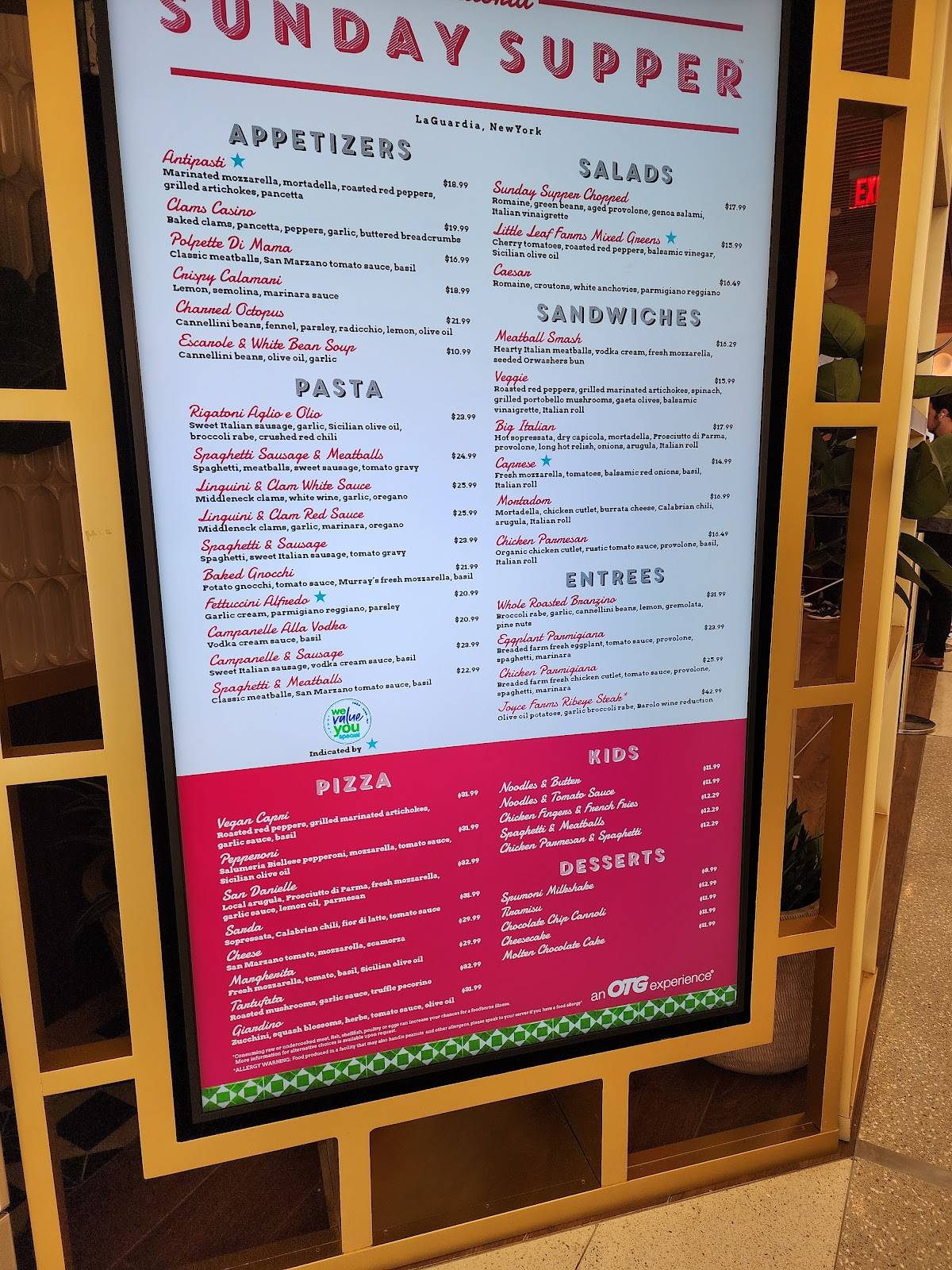 Menu at Sunday Supper pizzeria, New York City