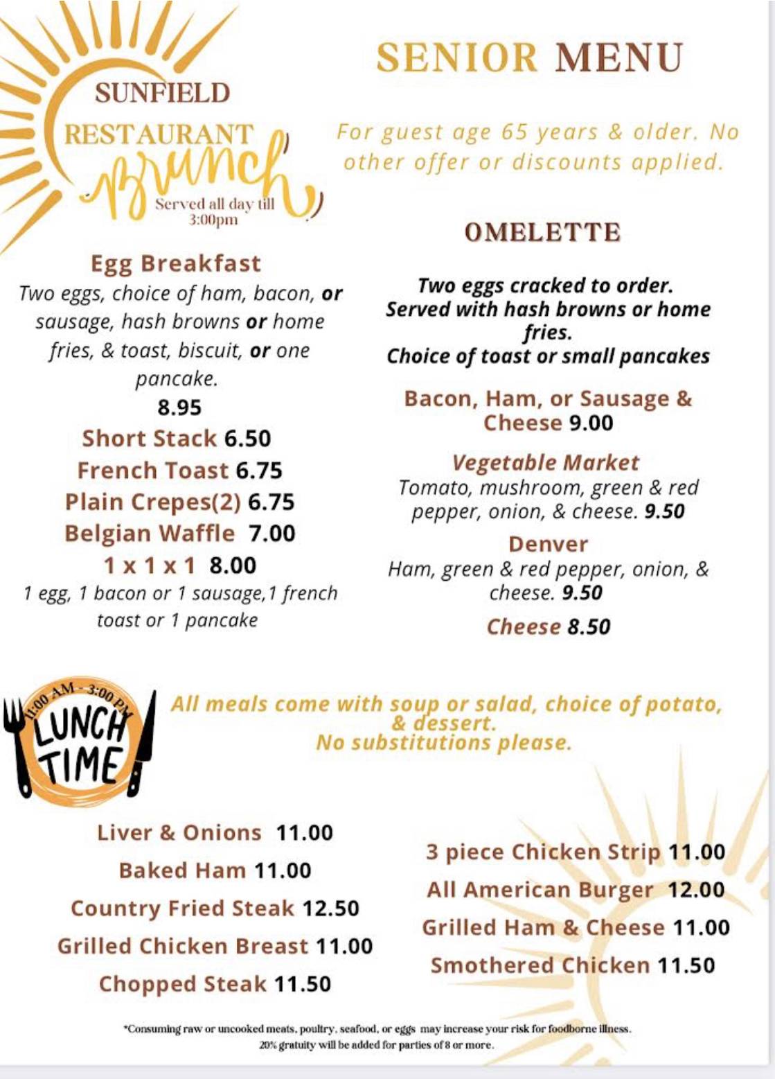Menu at Sunfield Restaurant, Ottawa