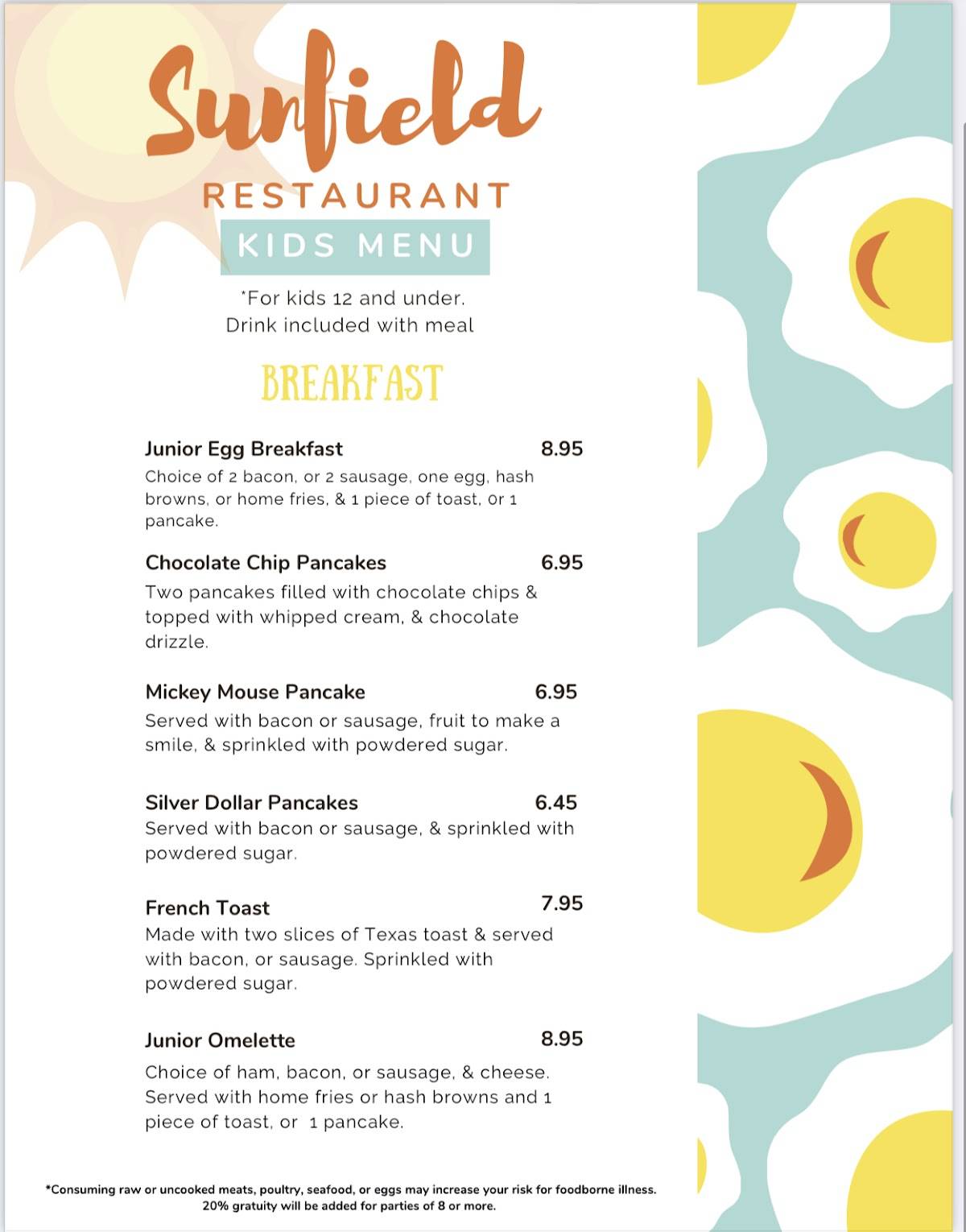 Menu at Sunfield Restaurant, Ottawa