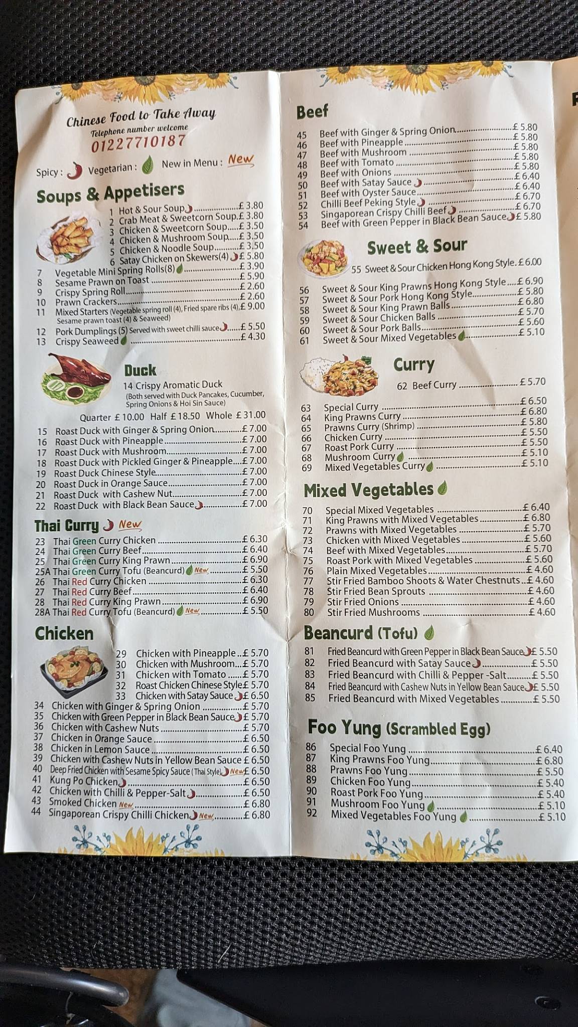 Menu at Sunflower fast food, Canterbury