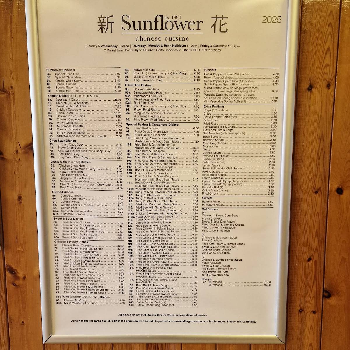 Menu at Sunflower Take Away fast food, Barton-upon-Humber