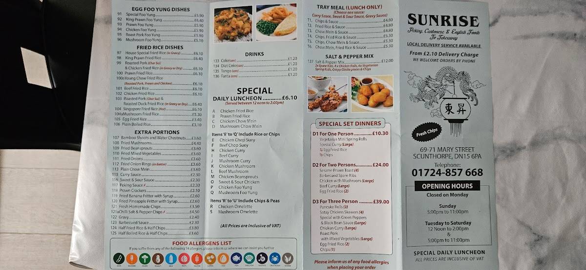 Menu at Sunrise fast food, Scunthorpe