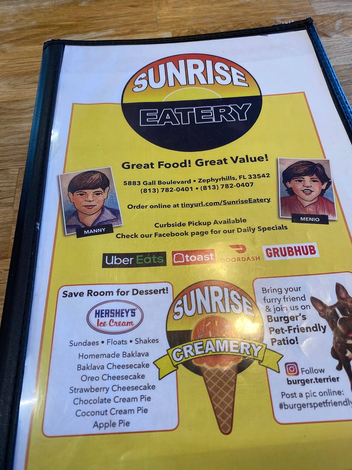 Menu at Sunrise Eatery restaurant, Zephyrhills, Gall Blvd