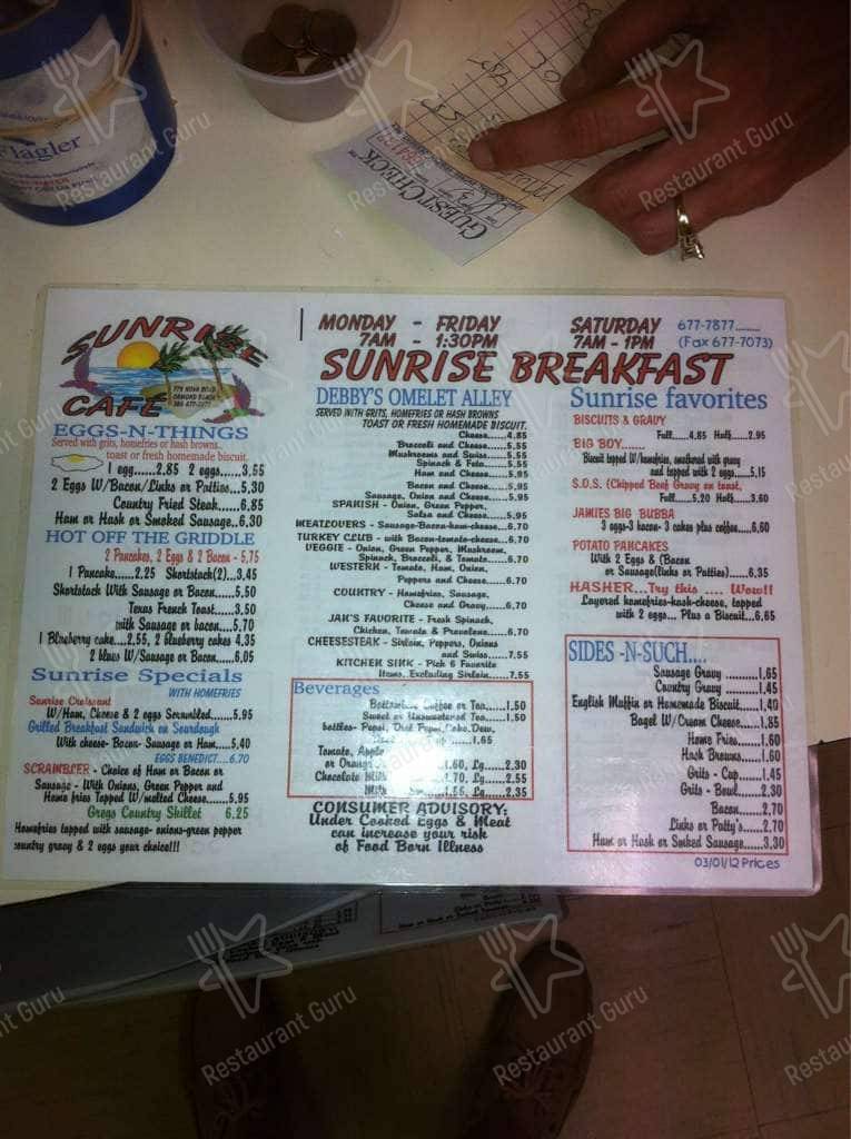 Menu at Sunrise Cafe, Ormond Beach
