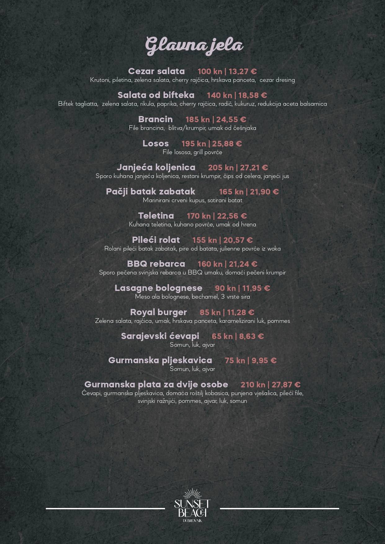 Menu at Sunset Beach Bar, Dubrovnik