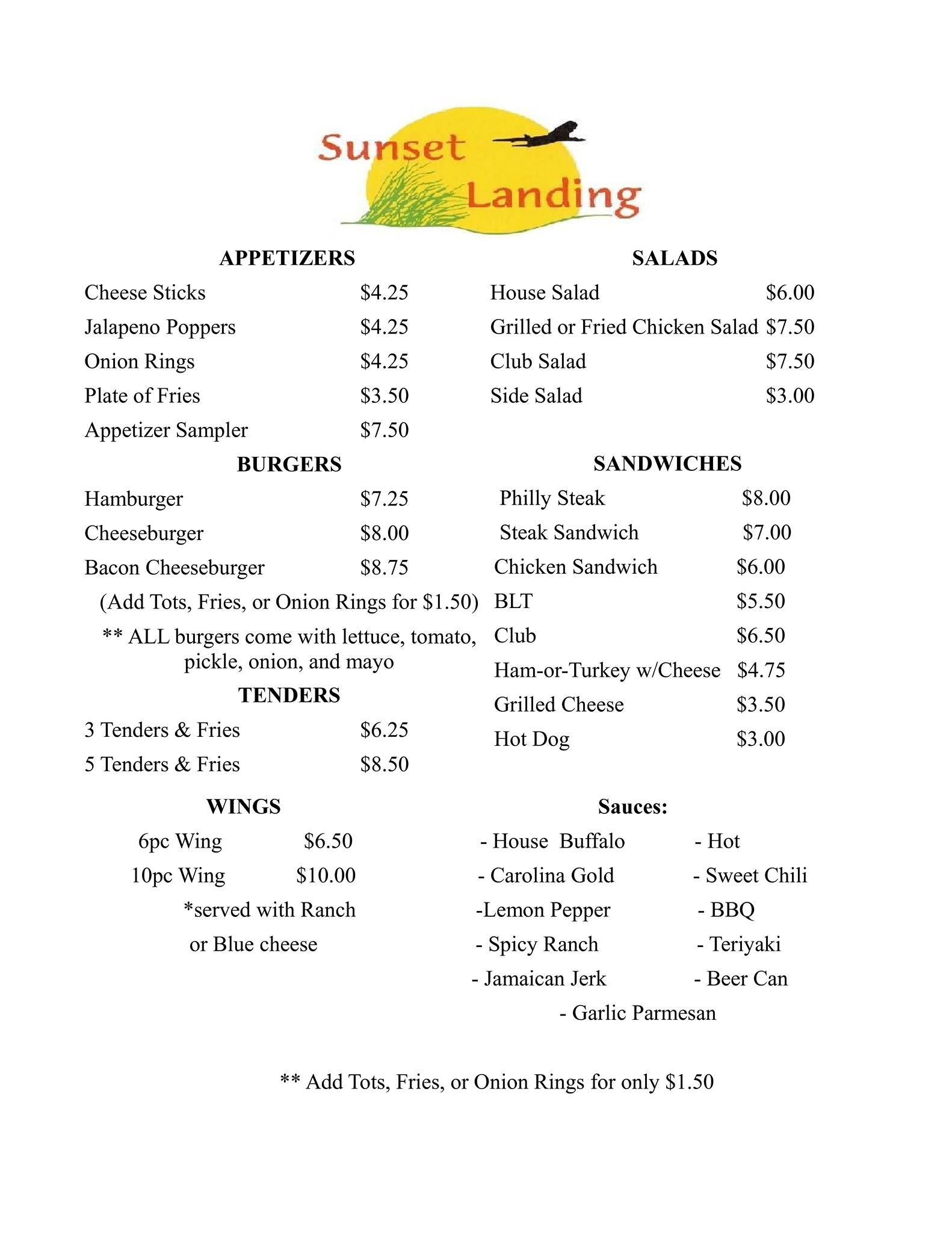 Menu at Sunset Landing Golf Course restaurant, Huntsville