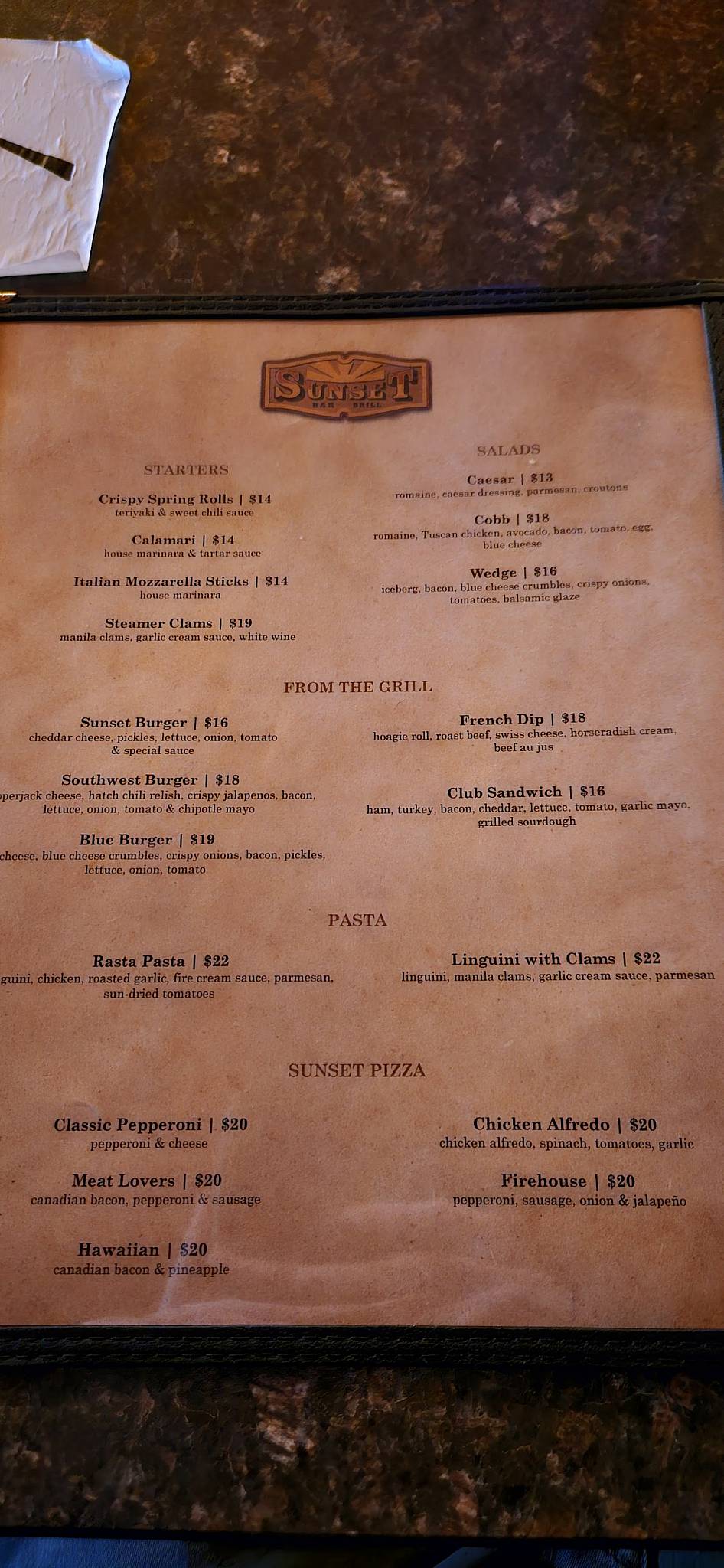 Menu at Sunset pub & bar, Manson, 76 Wapato Way