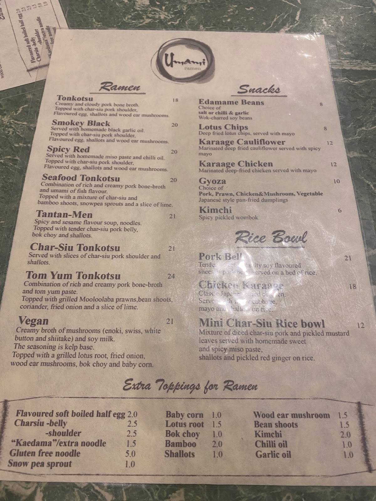 Menu at Umami Ramen restaurant, Maroochydore