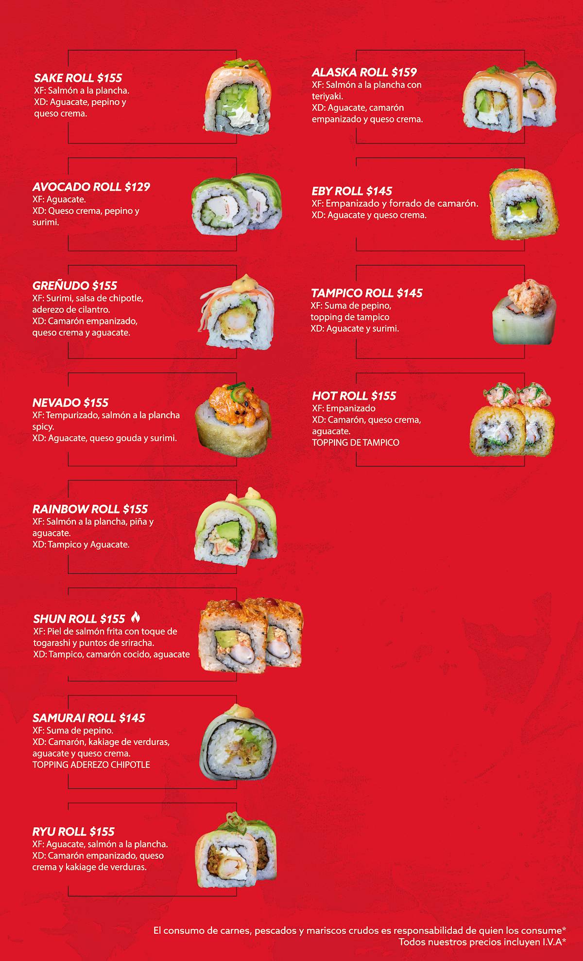 Carta del restaurante Sushi Tashido, Campeche