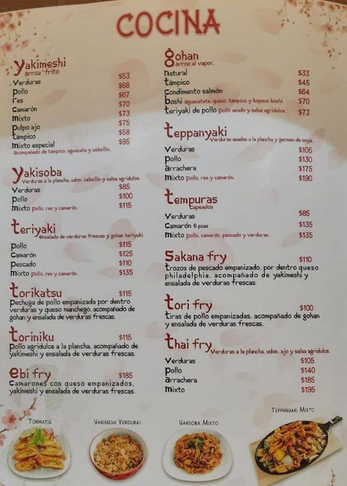 Carta del restaurante Sushi Torii Japonés, Mexico
