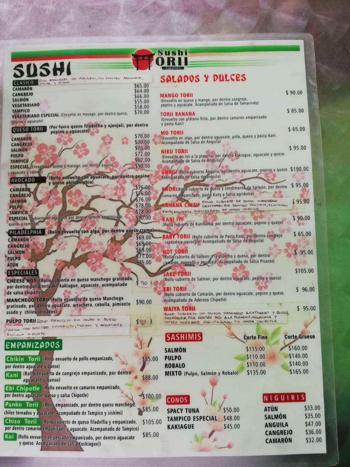 Carta del restaurante Sushi Torii Japonés, Mexico