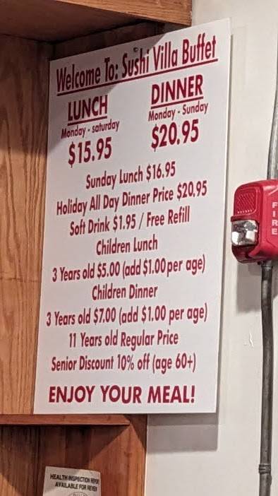 Menu at Sushi Villa Buffet Chinese & Japanese Grill restaurant, Stockton