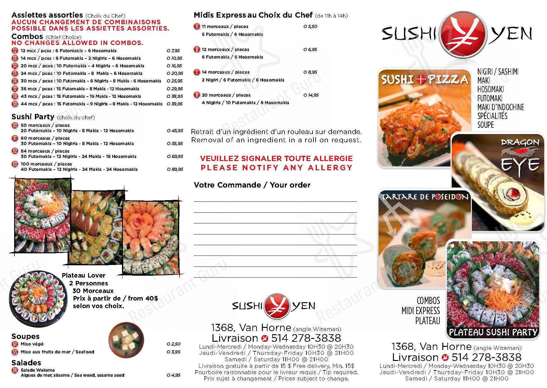 Menu at Sushi Yen restaurant, Montréal, Ave Van Horne