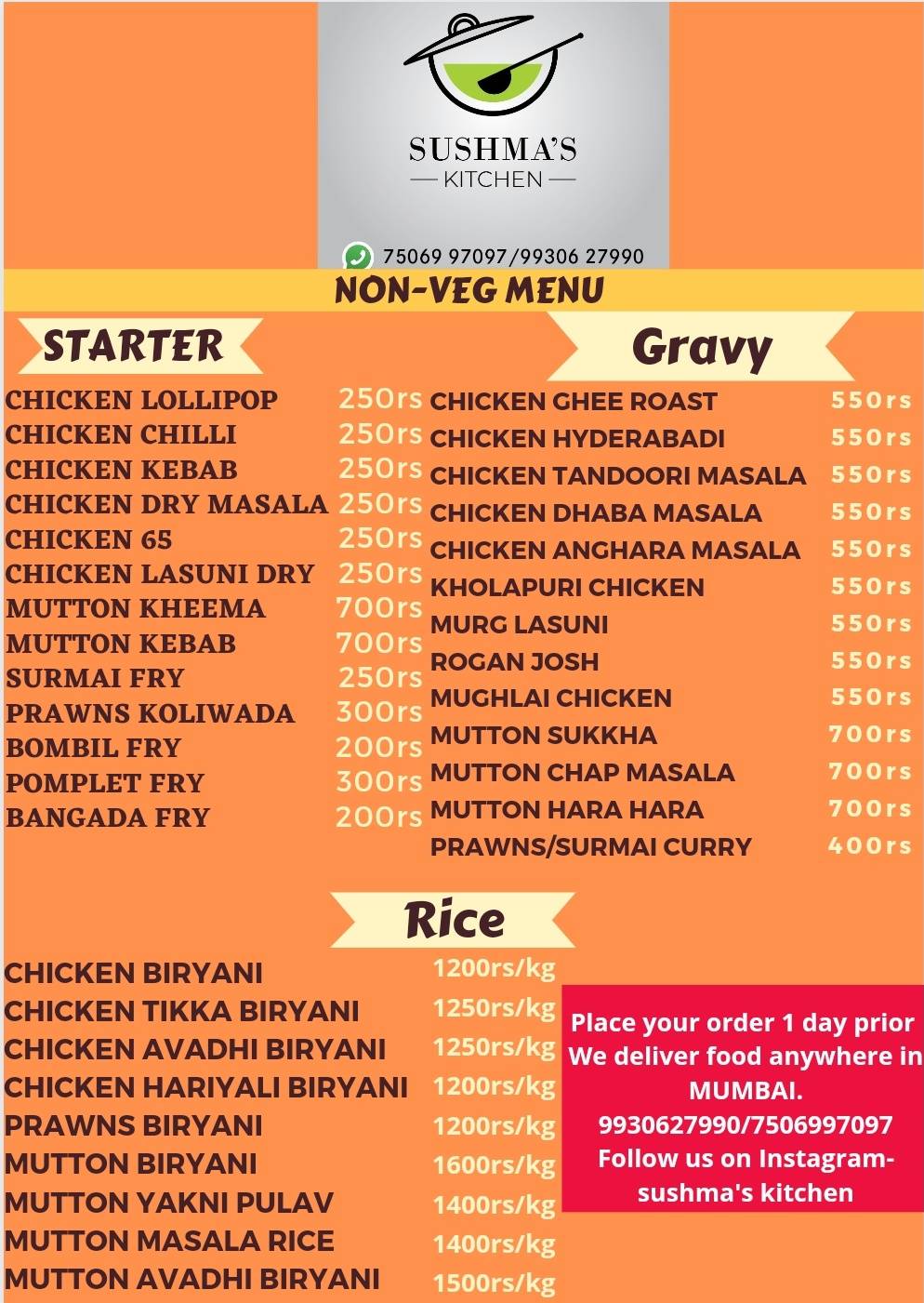Menu at Sushma's Kitchen, Mumbai
