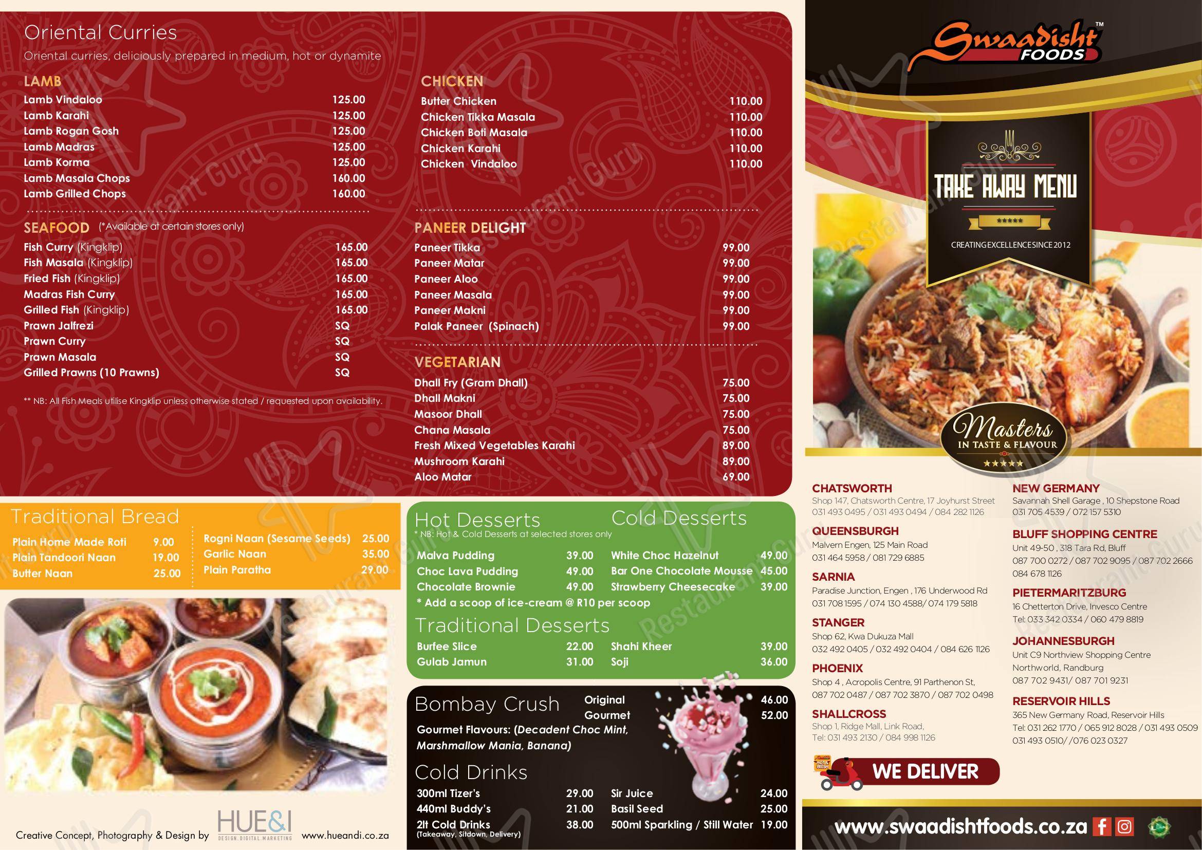 Menu at Swaadisht Foods Shallcross restaurant, Durban, 1