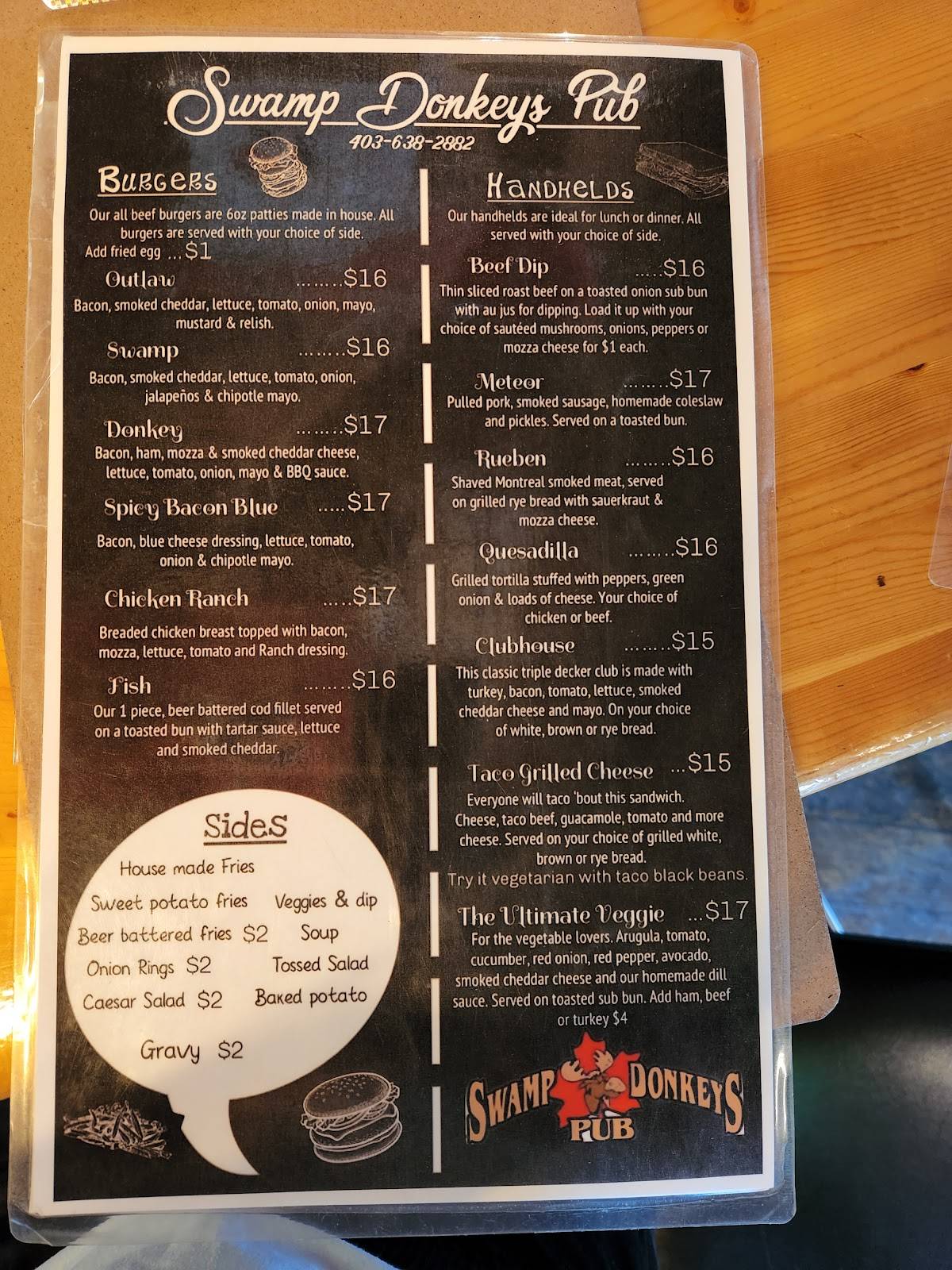 Menu at Swamp Donkeys Pub, Sundre