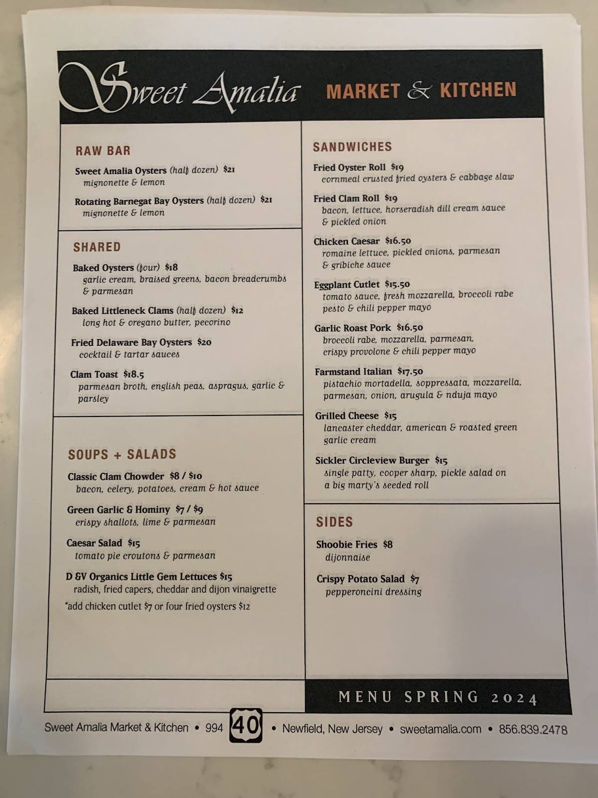 Menu at Sweet Amalia Market and Kitchen restaurant, Newfield