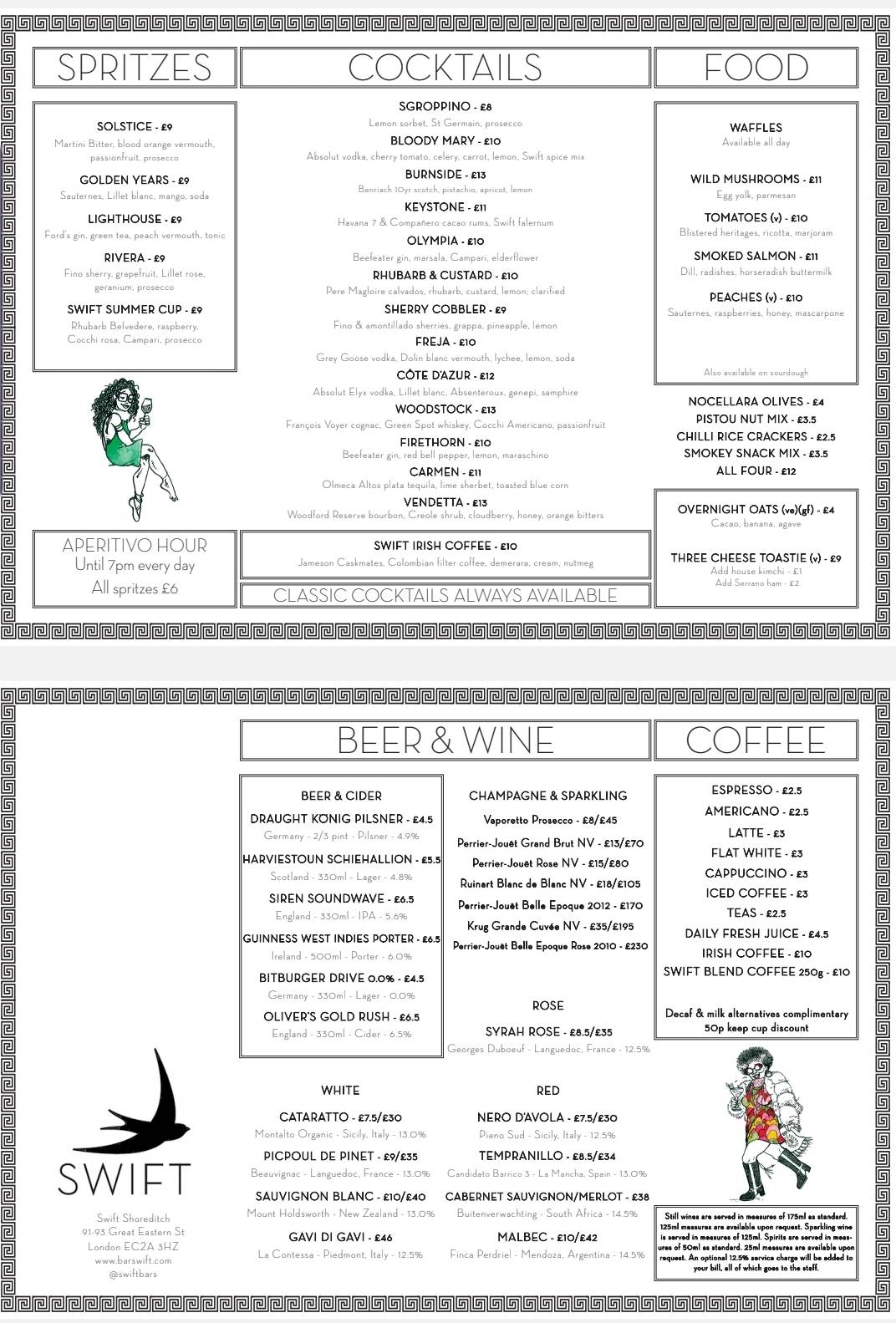 Menu at Swift Shoreditch pub & bar, London, 91-93 Great Eastern St