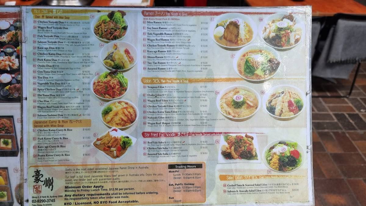 Menu at Goshu Ramen restaurant, Sydney