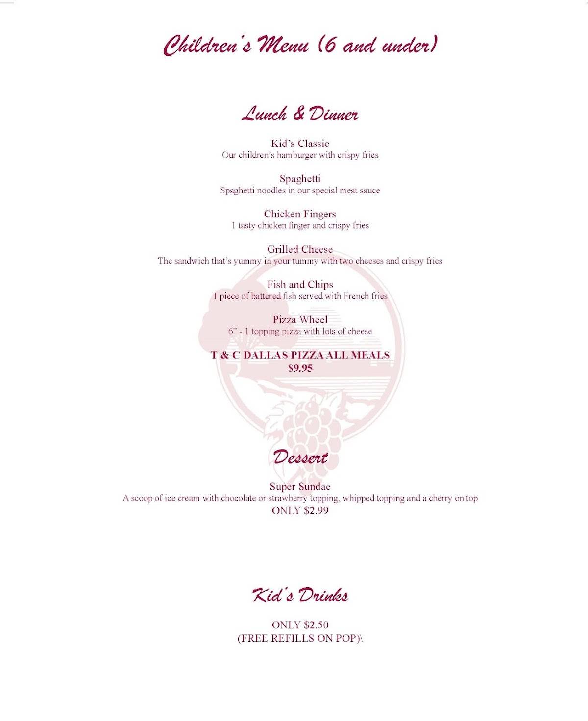 Menu at T & C Family Restaurant, Dallas Pizza, Weyburn