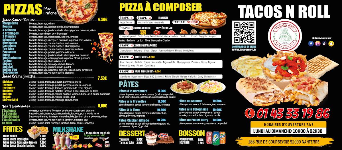 Menu au Tacos N Roll restaurant, Nanterre