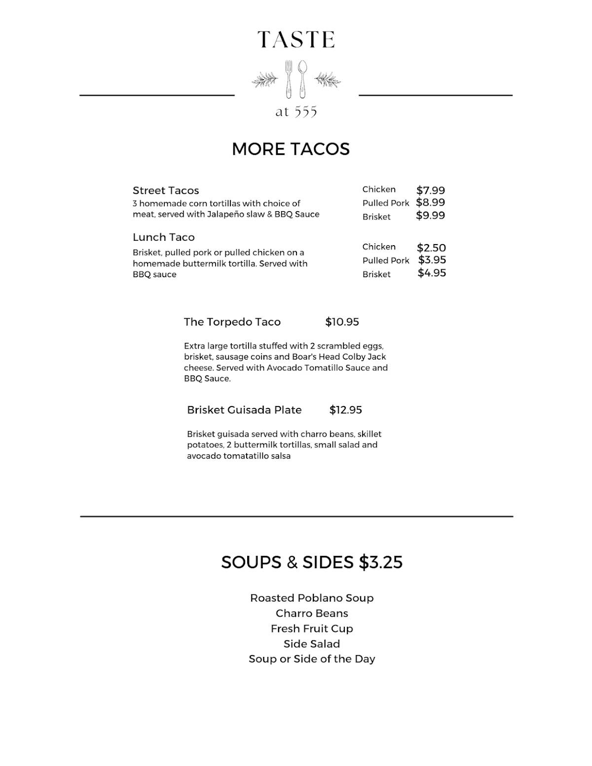 Menu at TASTE at 555 BBQ, Corpus Christi