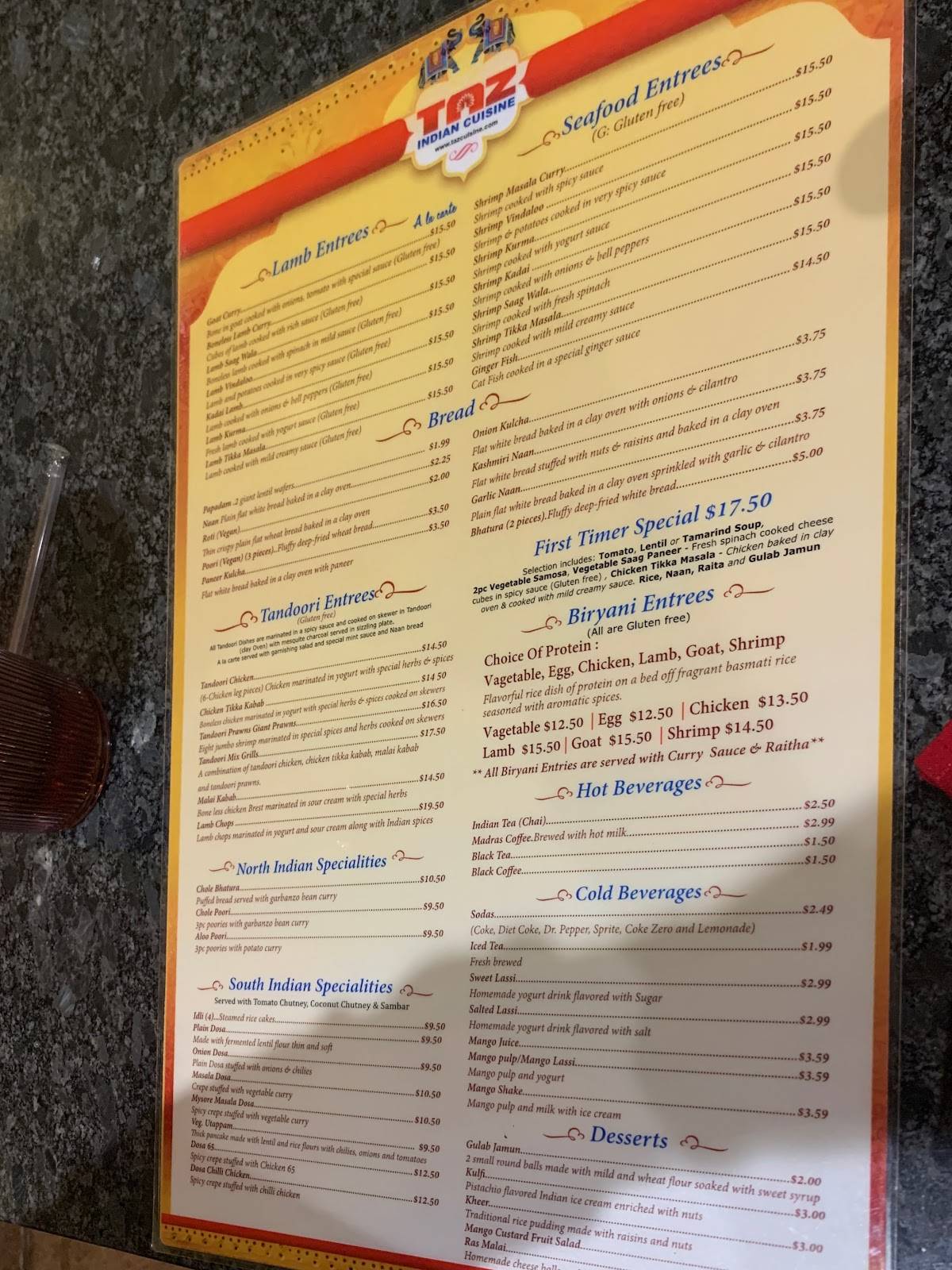 Menu at TAZ Indian Cuisine Buffet Restaurant Indian Restaurant Indian ...