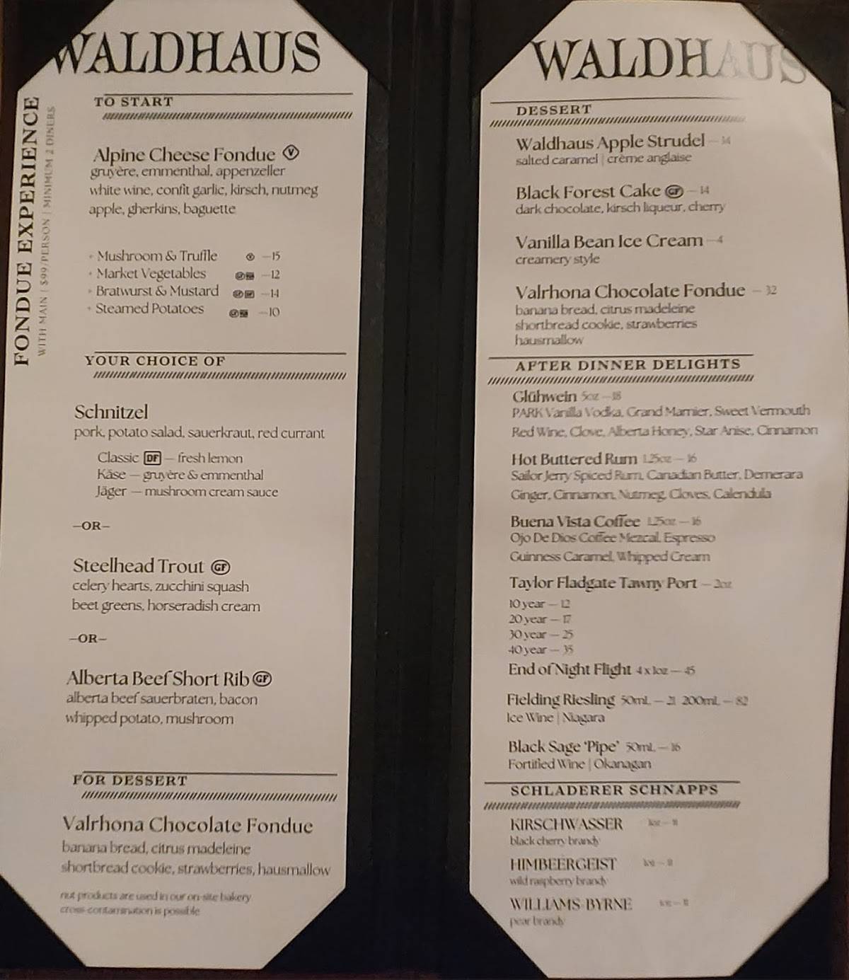 Carta del pub y bar WALDHAUS, Banff, 405 Spray Ave