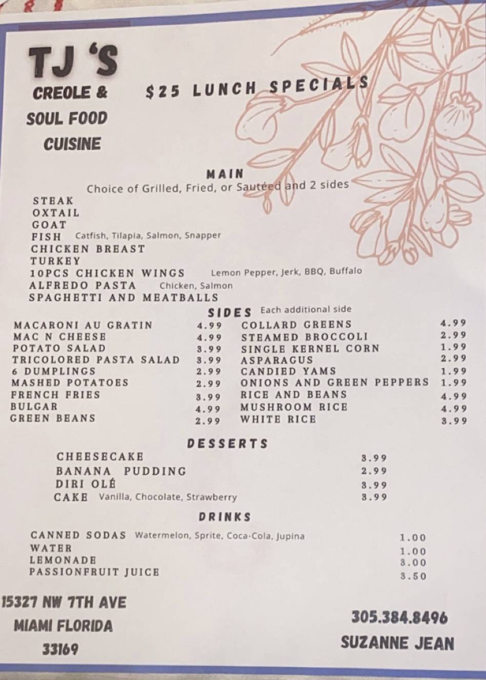 Menu at TJ Kitchen restaurant, Miami