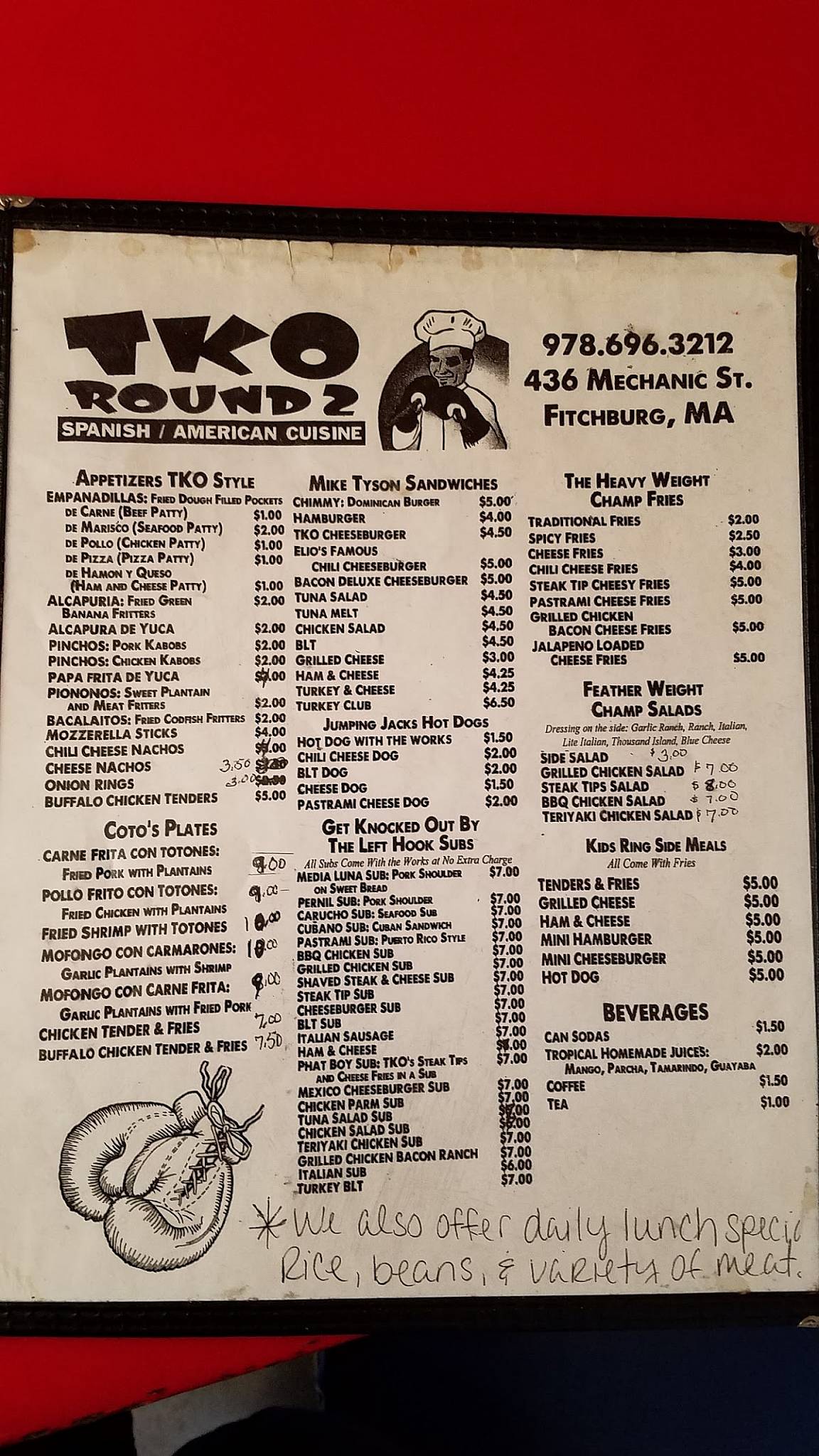 Menu at TKO restaurant, Fitchburg