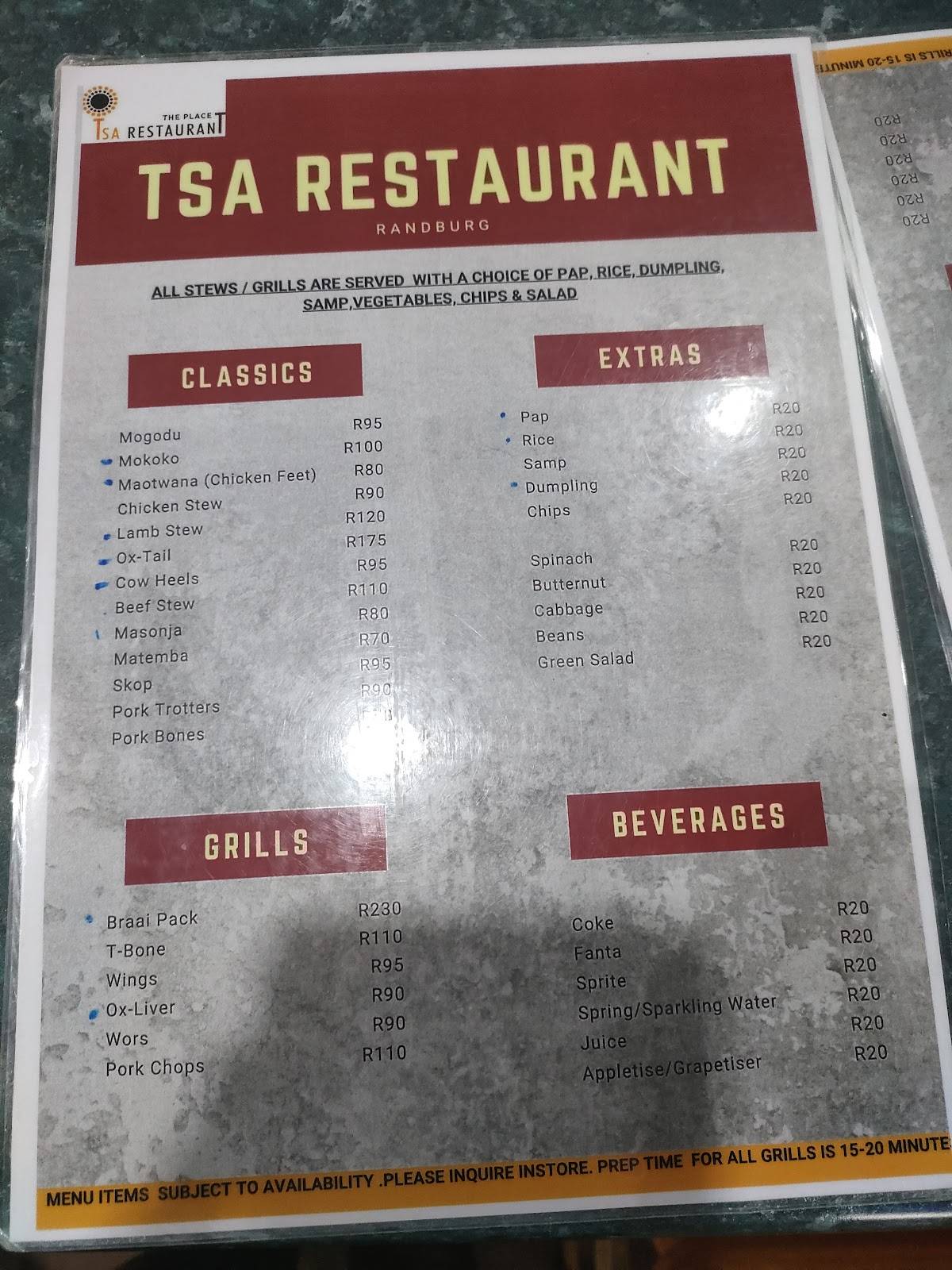 Menu at TSA Restaurant, Randburg