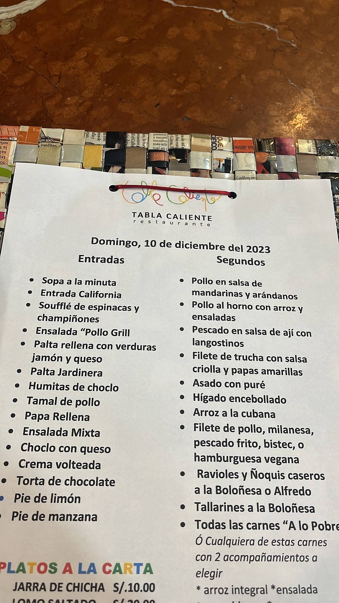 Carta de Tabla Caliente Restaurant, Jesus Maria