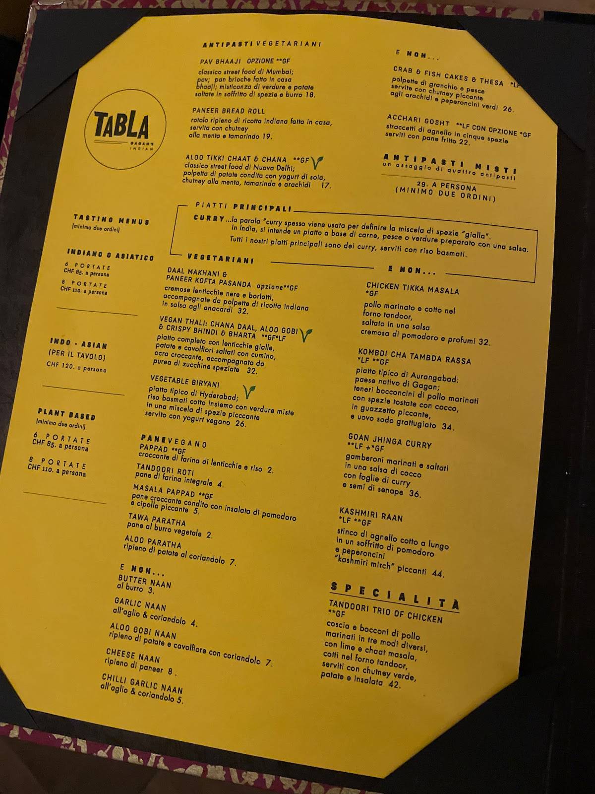 Menu da Tabla, Indian & Asian Cuisines, Collina d'Oro