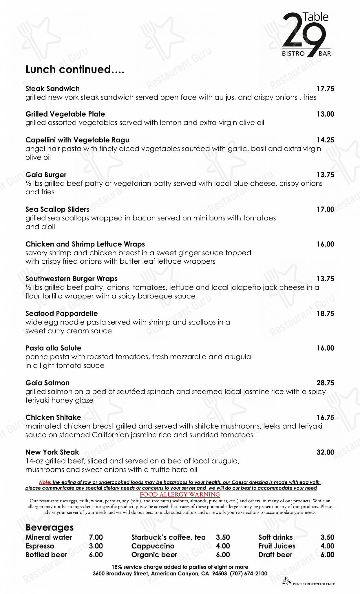 Menu at Table 29 Bistro & Bar, American Canyon