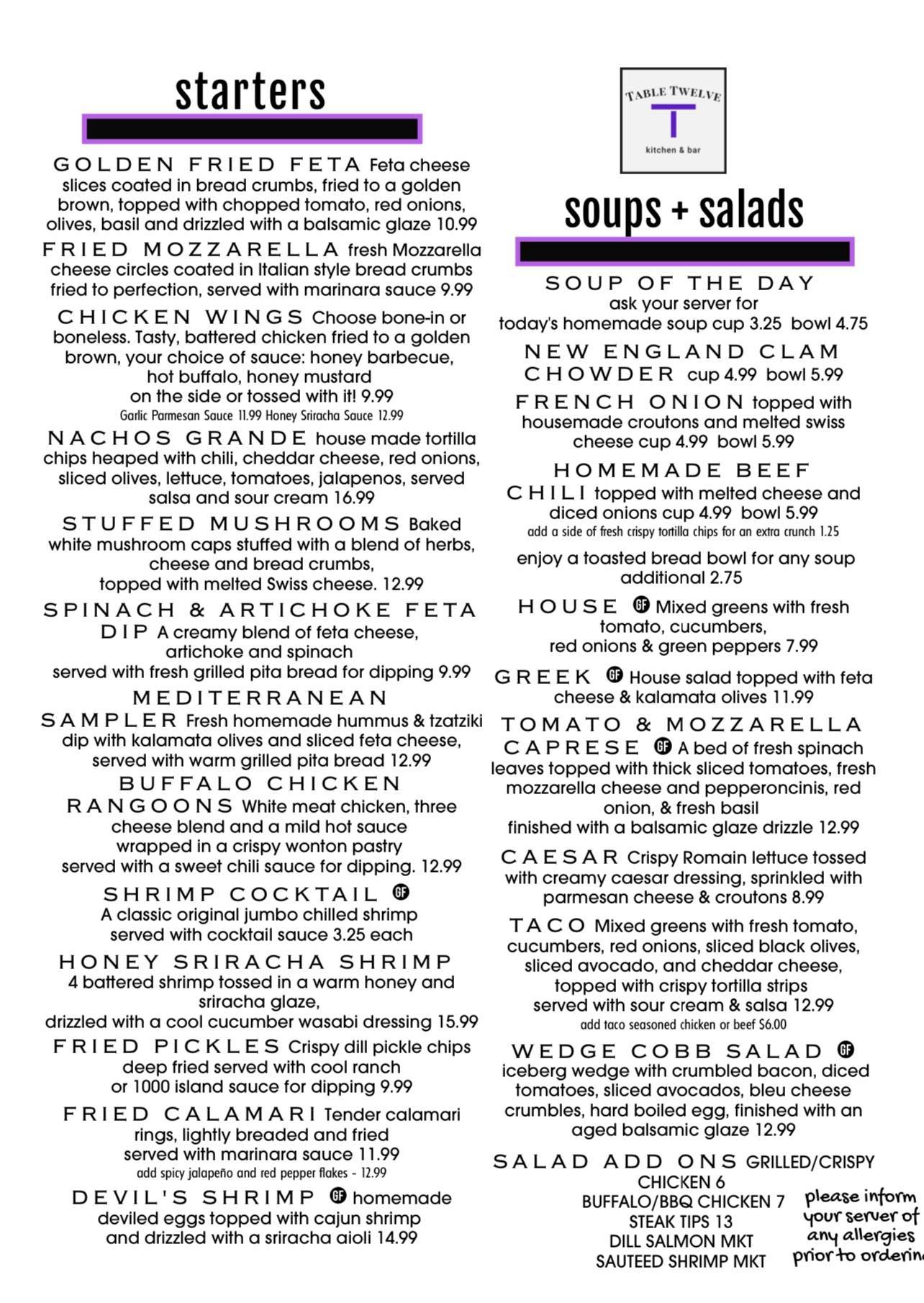 Menu at Table Twelve Kitchen & Bar, West Boylston