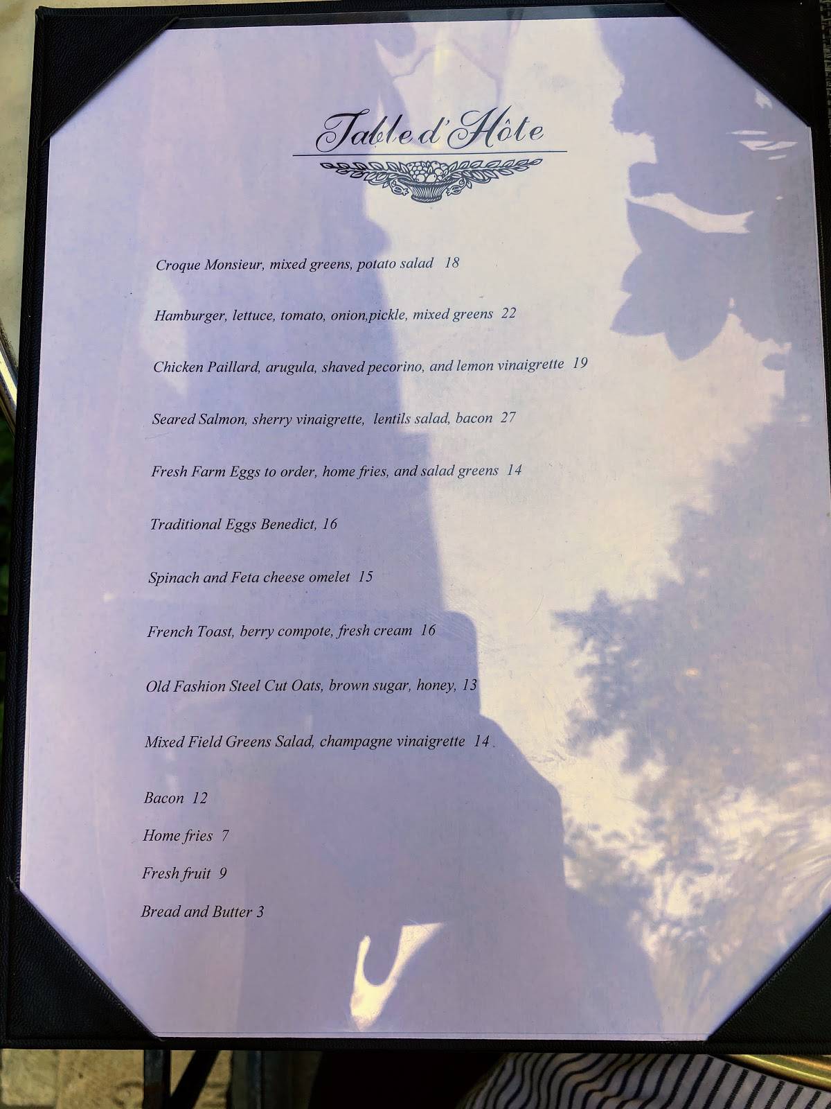 Menu at Table d'Hôte restaurant, New York City