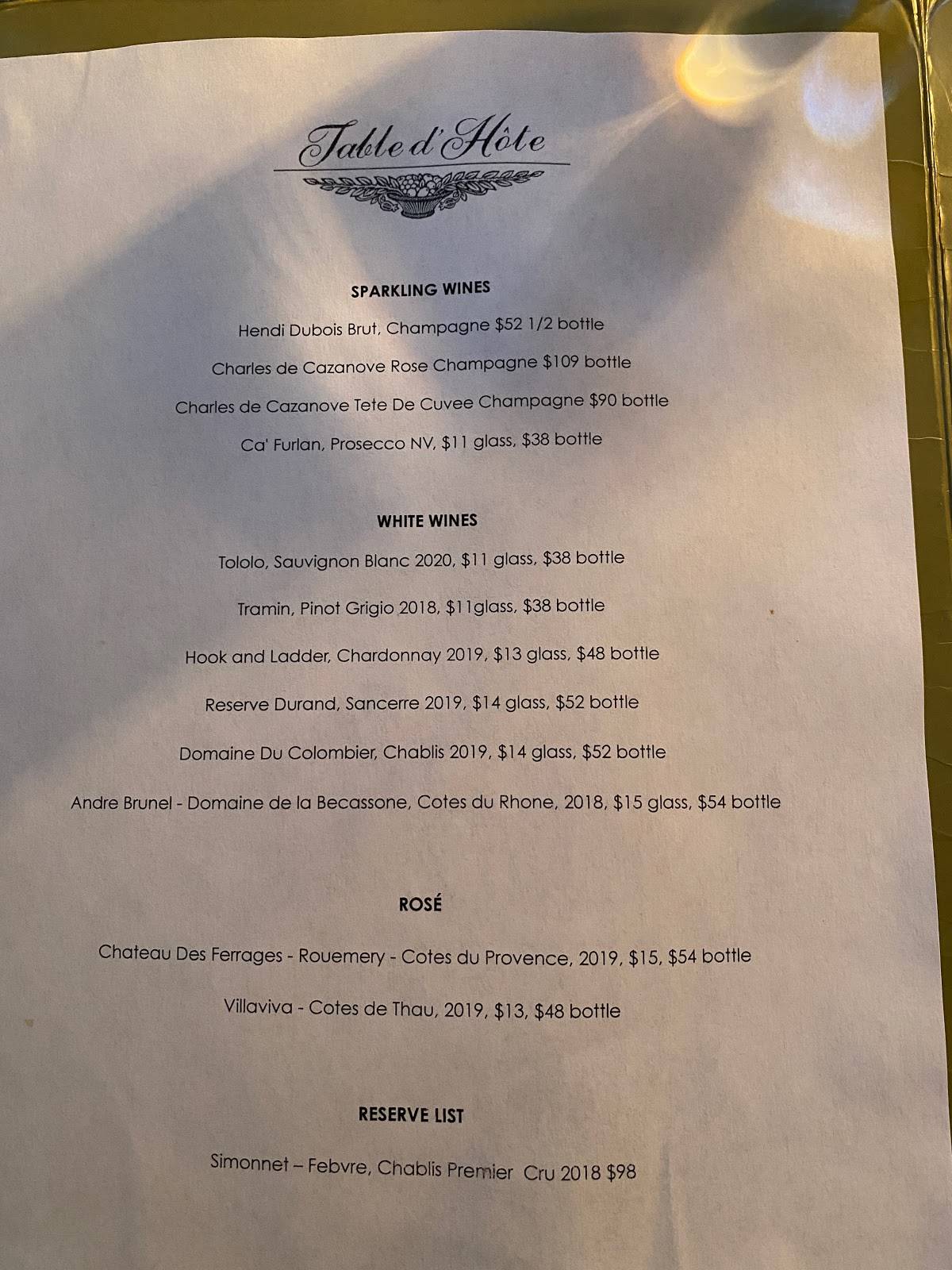 Menu at Table d'Hôte restaurant, New York City