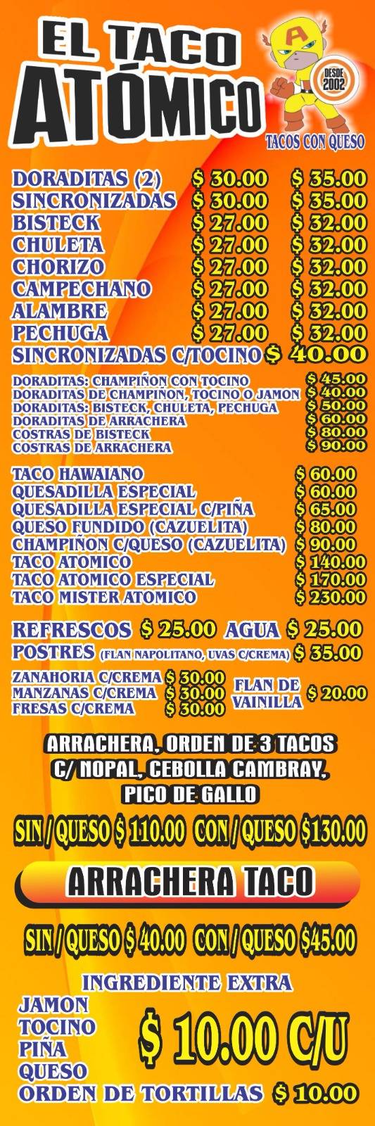 Menu at Taco Atómico restaurant, Mexico