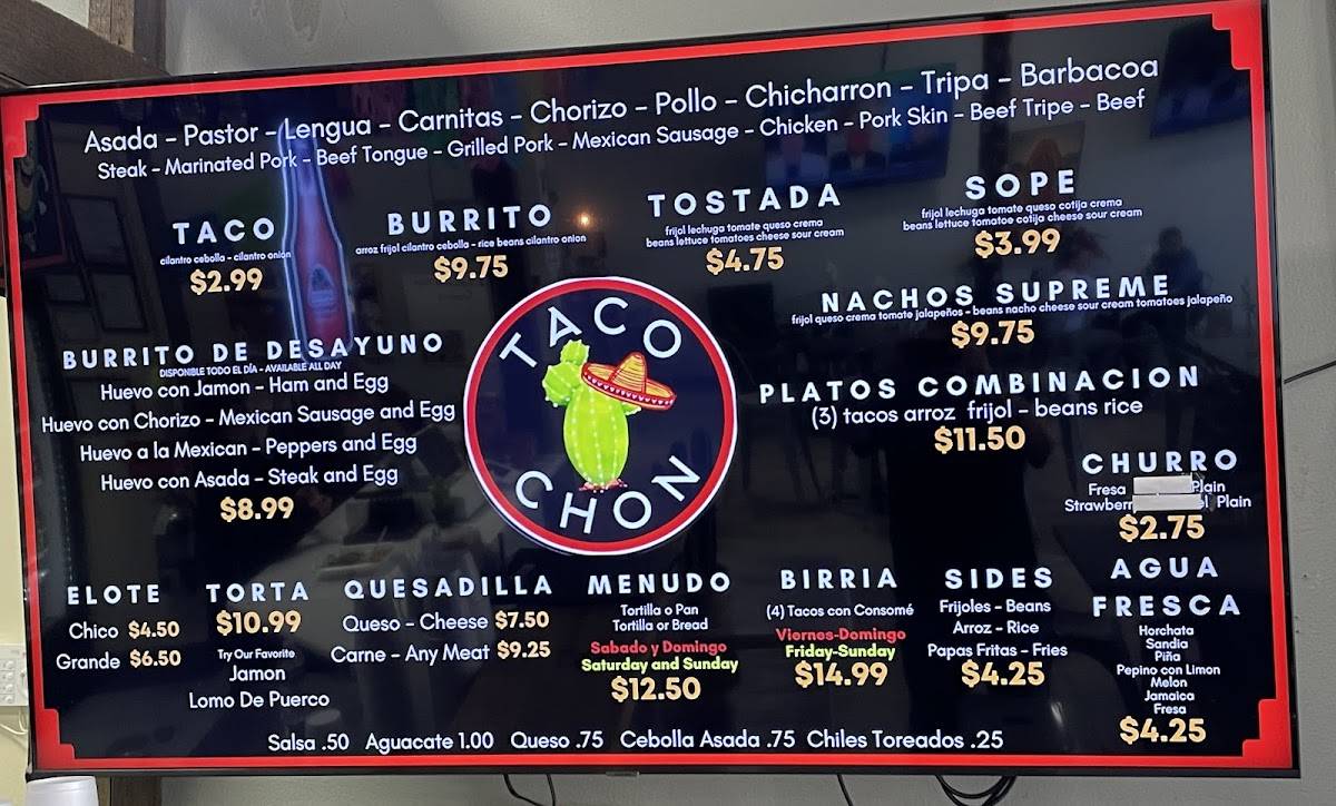 Menu at Taco Chon restaurant, Haltom City