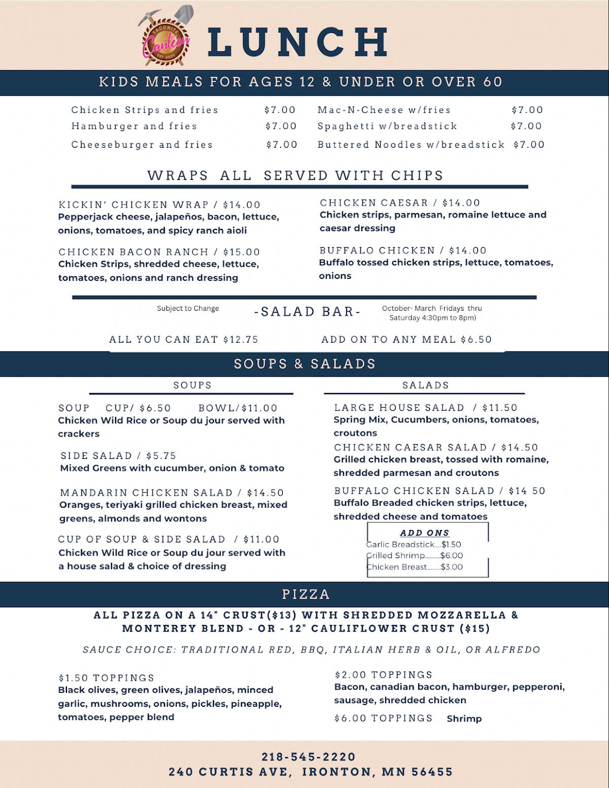 Menu at Taconite Canteen & Event Center restaurant, Ironton