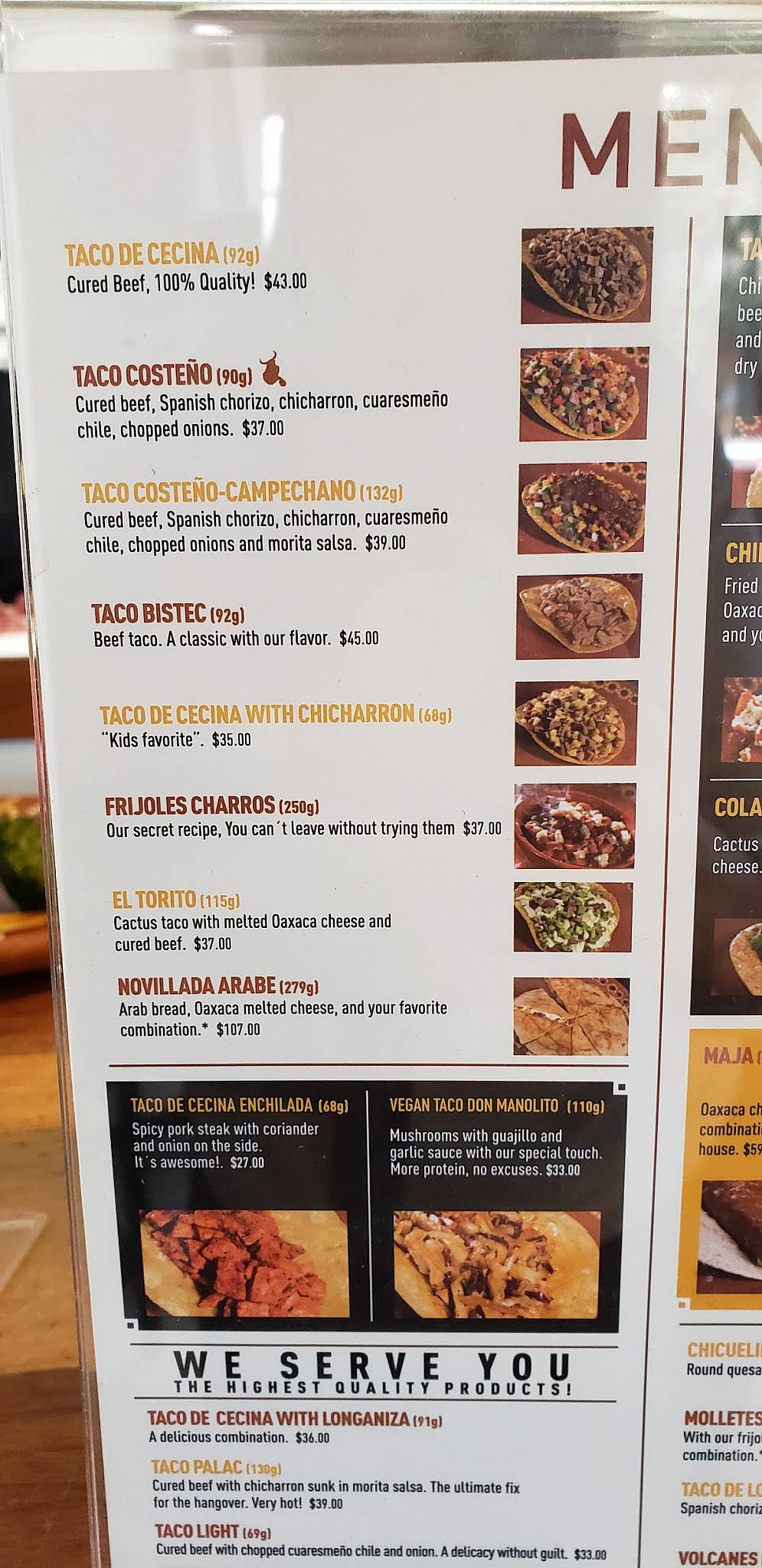 Carta del restaurante Tacos Don Manolito, Ciudad del México, Aguayo 49