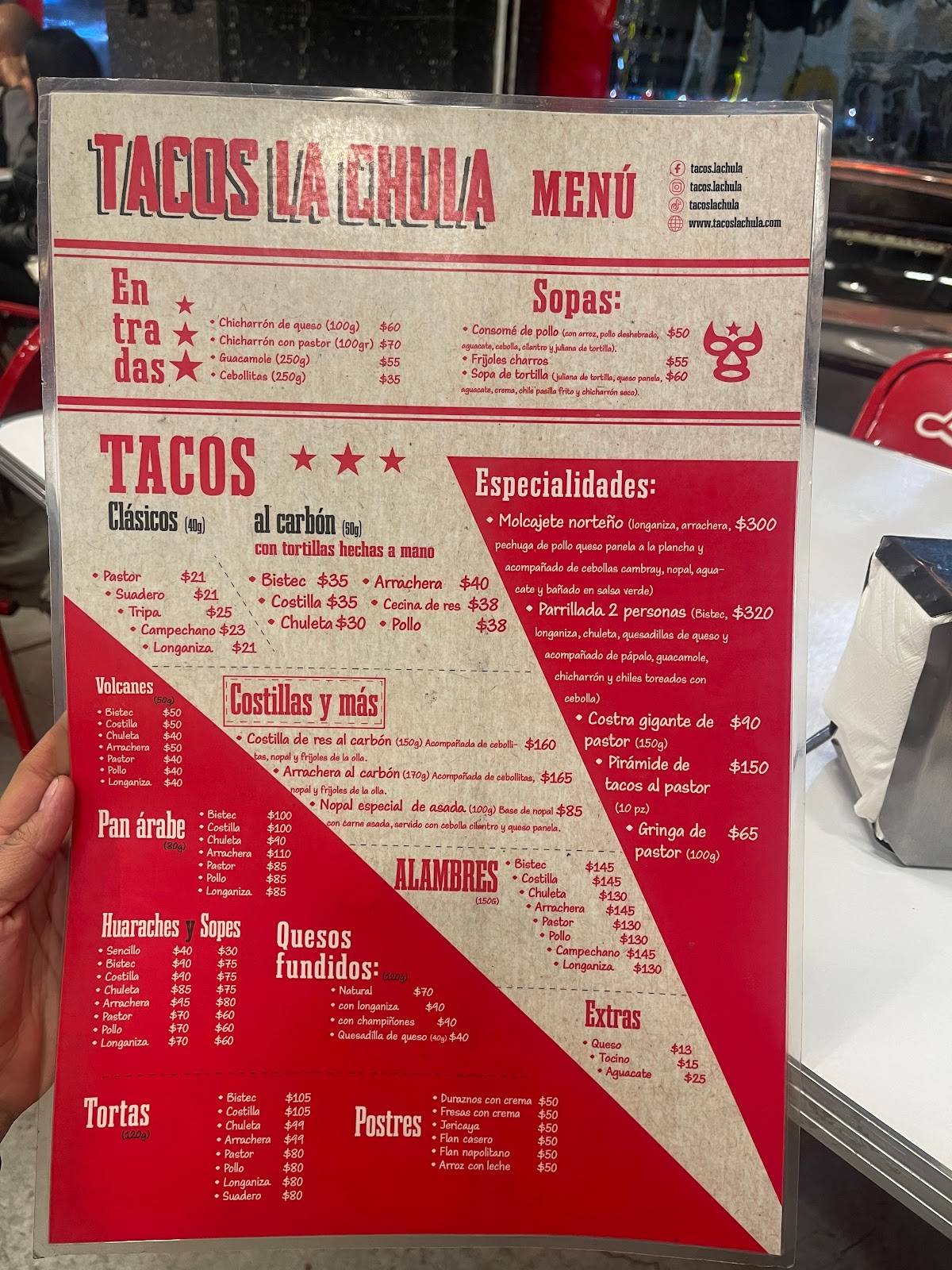 Carta del restaurante Tacos La Chula Revolución, Ciudad del México