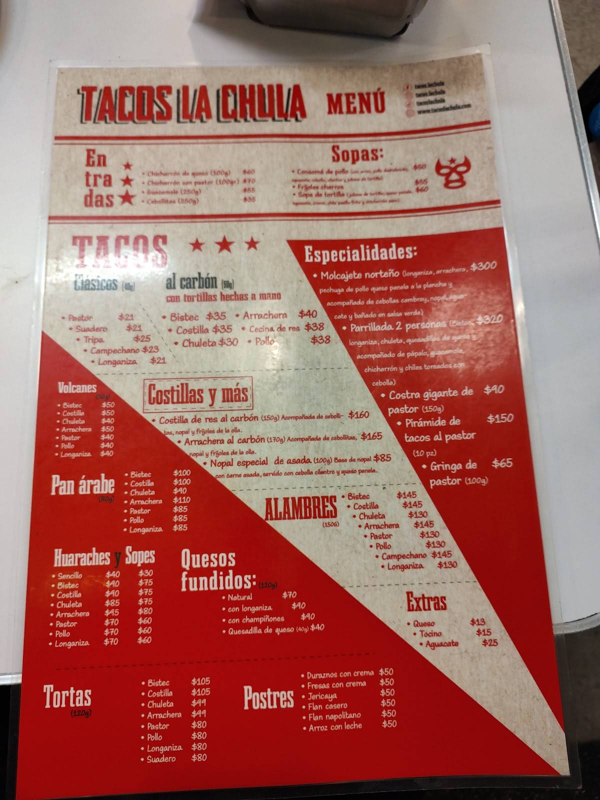 Carta del restaurante Tacos La Chula Revolución, Ciudad del México