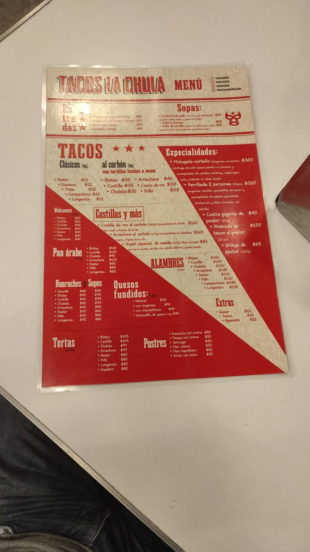 Carta del restaurante Tacos La Chula Revolución, Ciudad del México